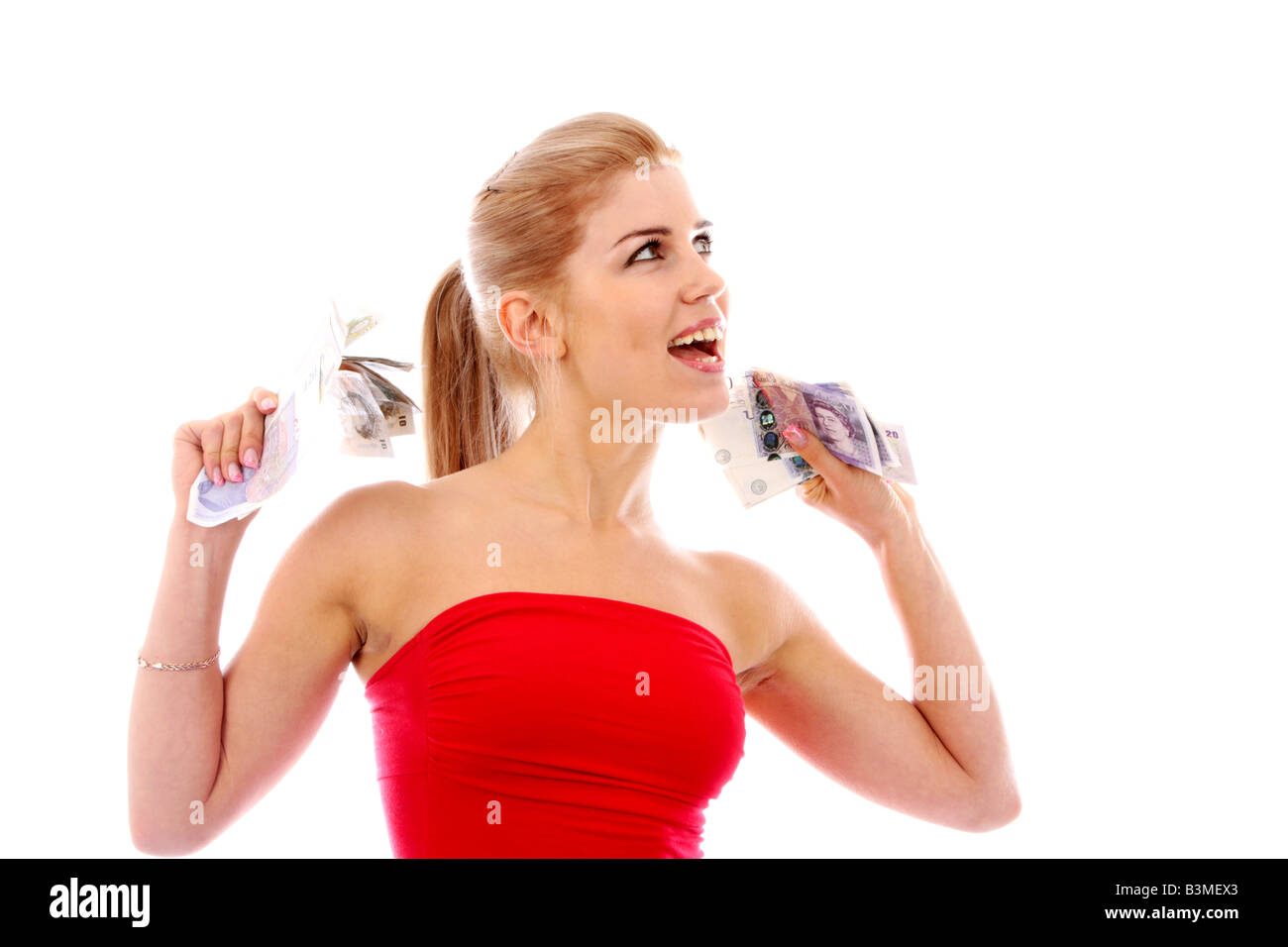 Young Woman Holding Cash Shouting Model Released Stock Photo - Alamy