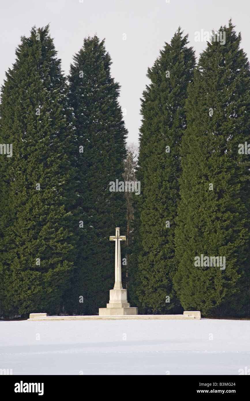 Canadian Military Cemetery Cross of Sacrifice in Snow between Fir Trees ...