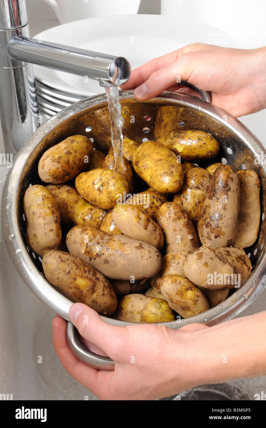 MAN WASHING NEW POTATOES IN COLLANDER Stock Photo - Alamy