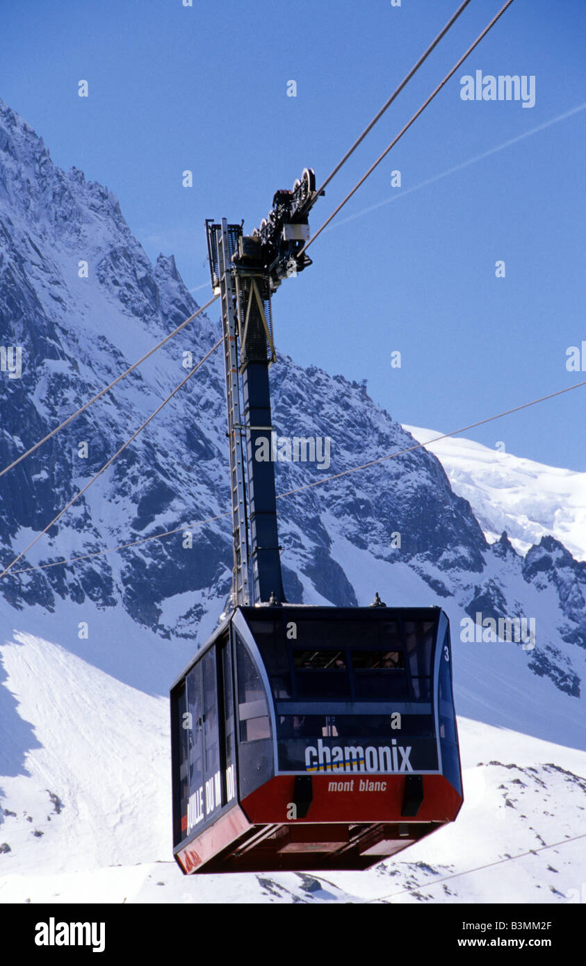 France Savoy Chamonix Cable car telepherique heading up from the resort ...