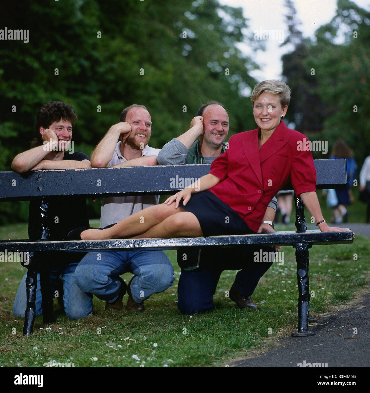 Brenda Paterson TV presenter July 1989 sitting on a park bench with ...