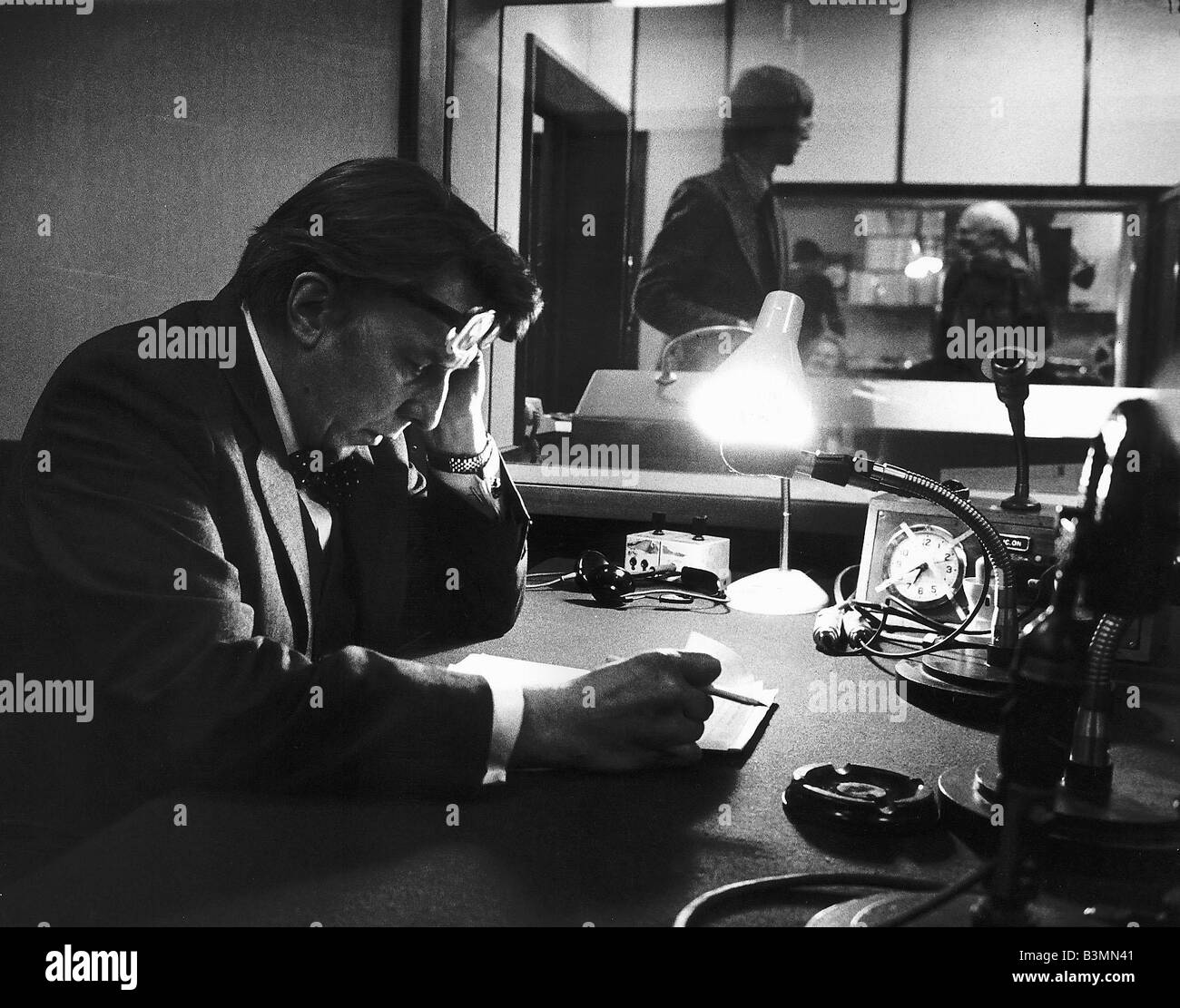 Sir Robin Day TV Presenter and Broadcaster sits in a radio studio ...