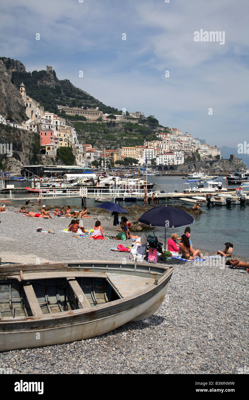 Italy Campania Amalfi Beachgoers enjoy warm conditions at the beach in ...
