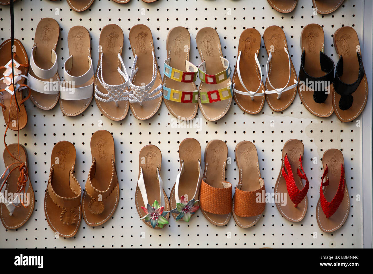 Italy Sorrento Leather sandals are displayed for sale in the shop of a ...