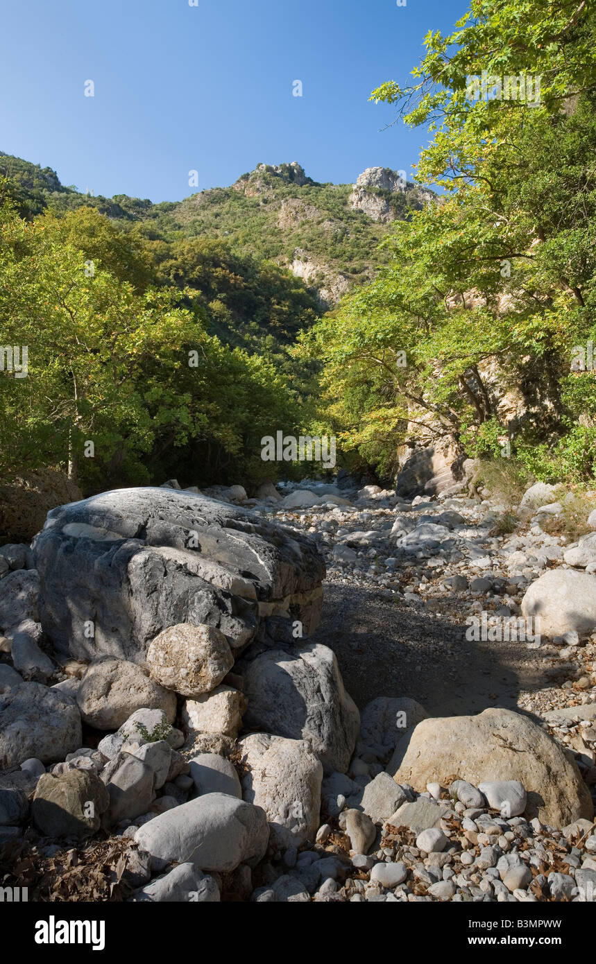View along the bed of the Rindomo Gorge towards Profitis Ilias ...