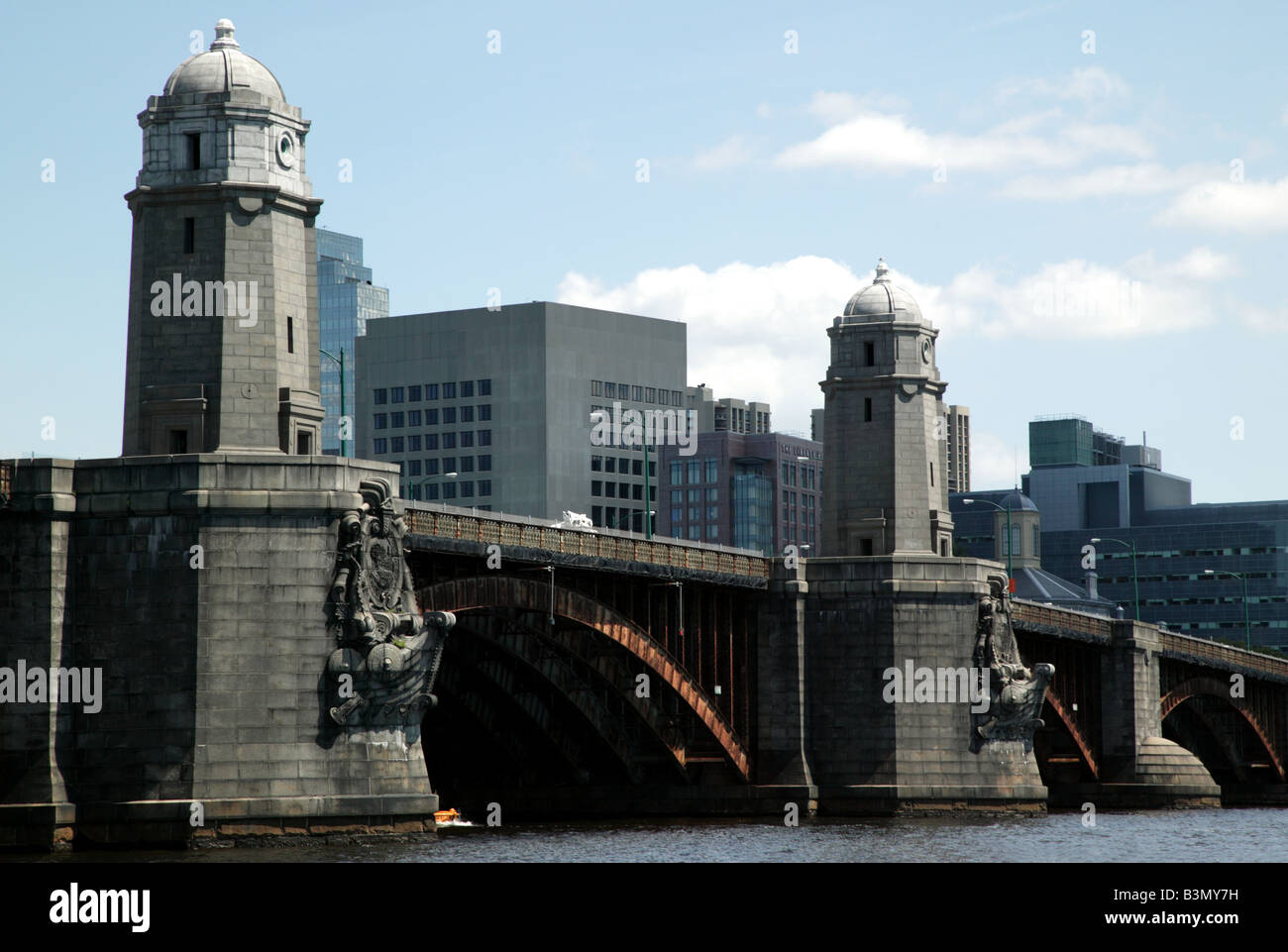 Close-up shot of the Longfellow bridge on the Charles River Boston ...