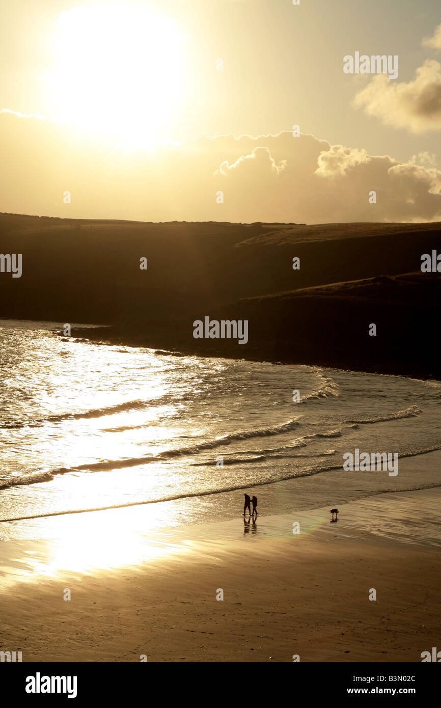 Couple walking a dog on Manorbier beach Wales at sunset Stock Photo - Alamy