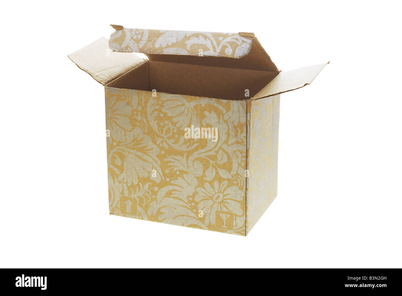 Open empty paper box with decorative floral pattern on white background ...