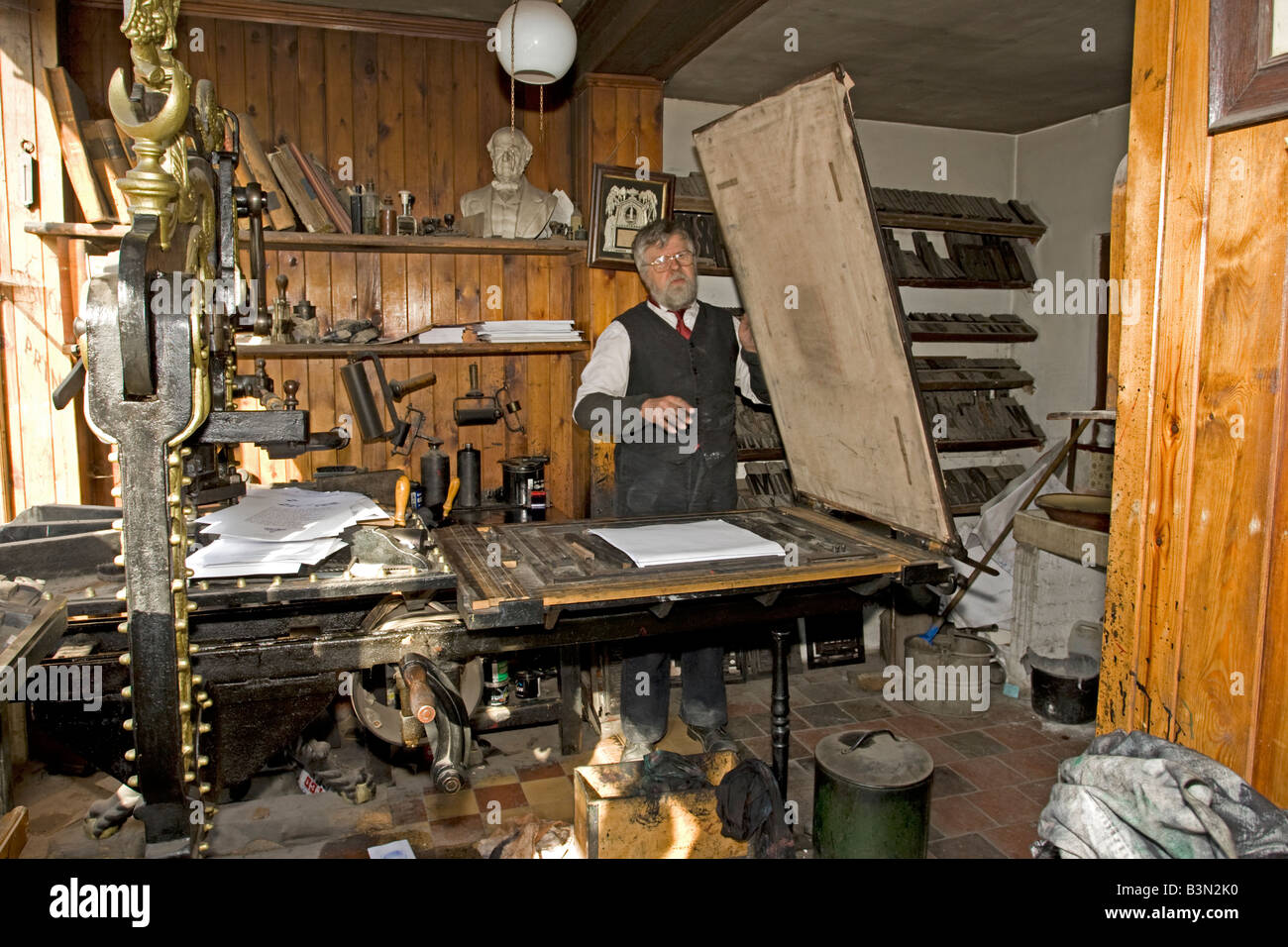 Printer at old printing works Victorian Town Ironbridge Shropshire UK ...