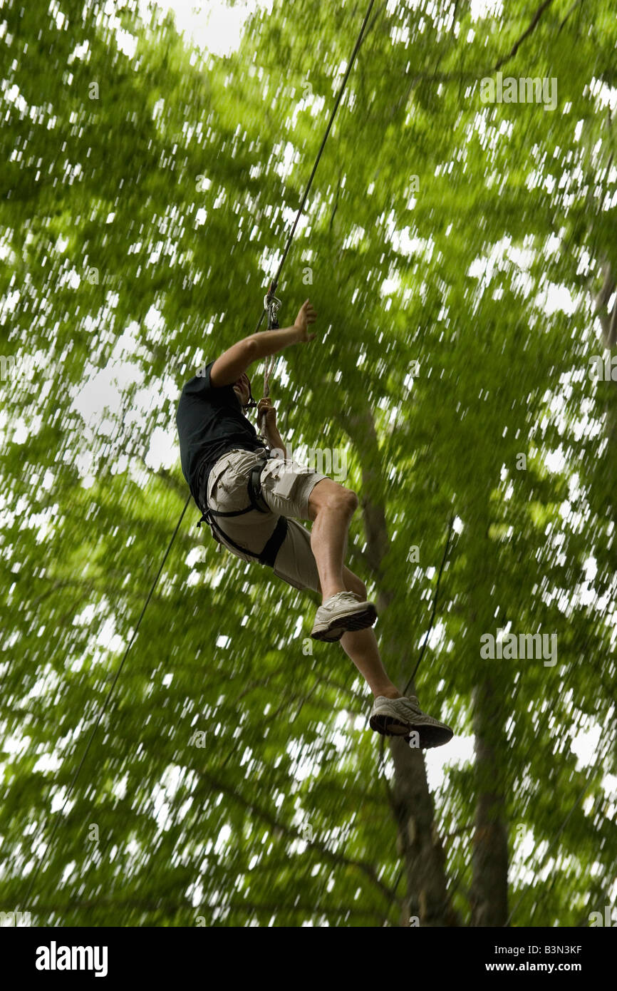 man sliding down rope in forest Stock Photo - Alamy