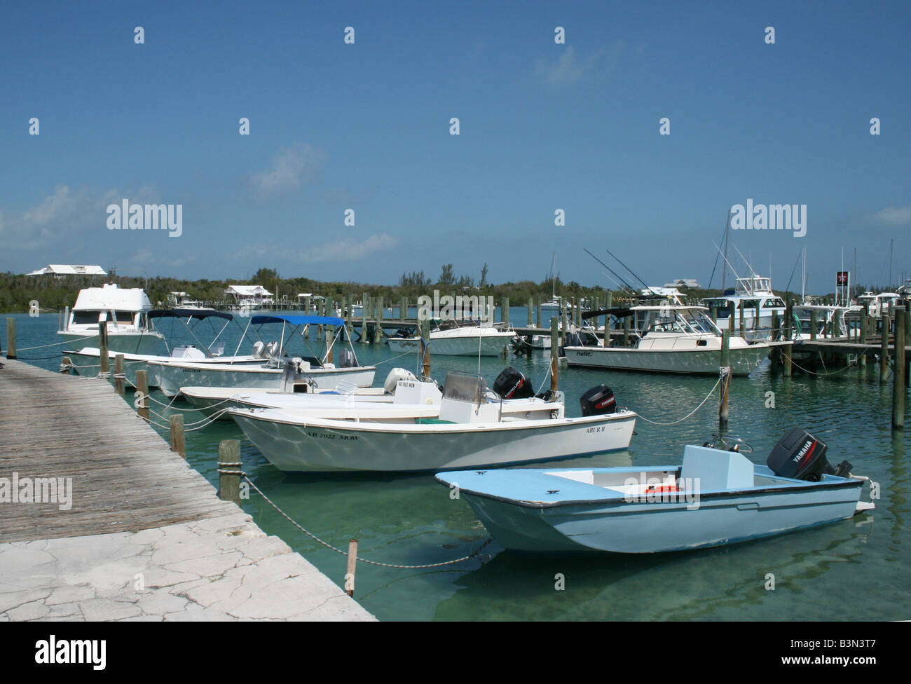 Small boats docked in harbor on Man-O-War Cay, Abaco, Bahamas Stock ...