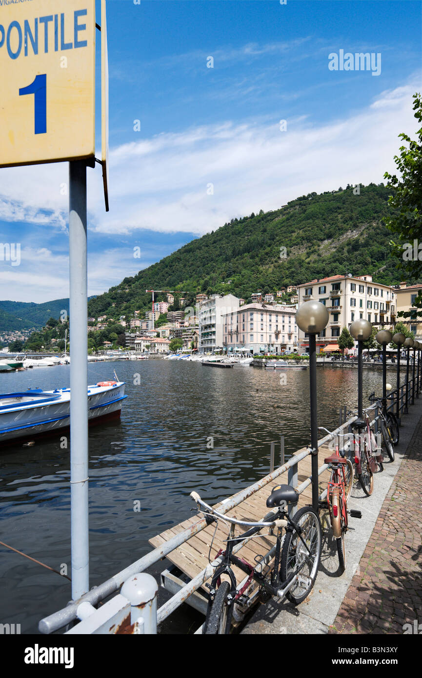 Ferry docks on the lakefront at Como, Lake Como, Lombardy, Italy Stock ...