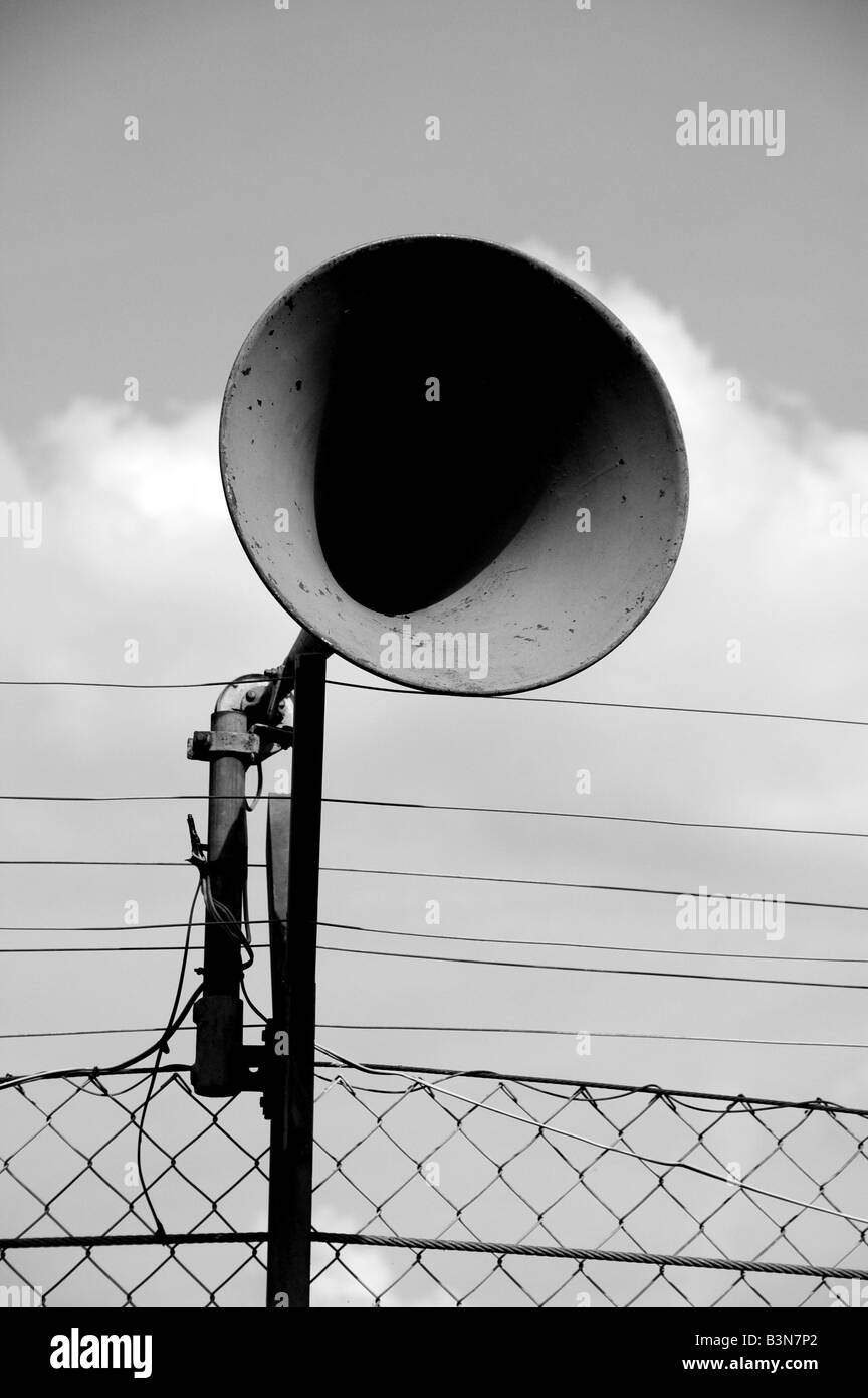 Public address system on race track fence Stock Photo - Alamy