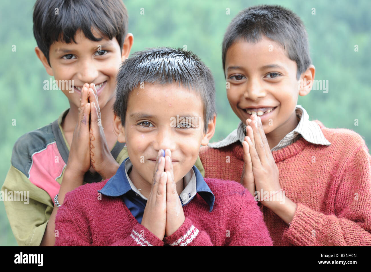 Namaste thankyou. Indian boys at Soyal school near Manali in Northern ...