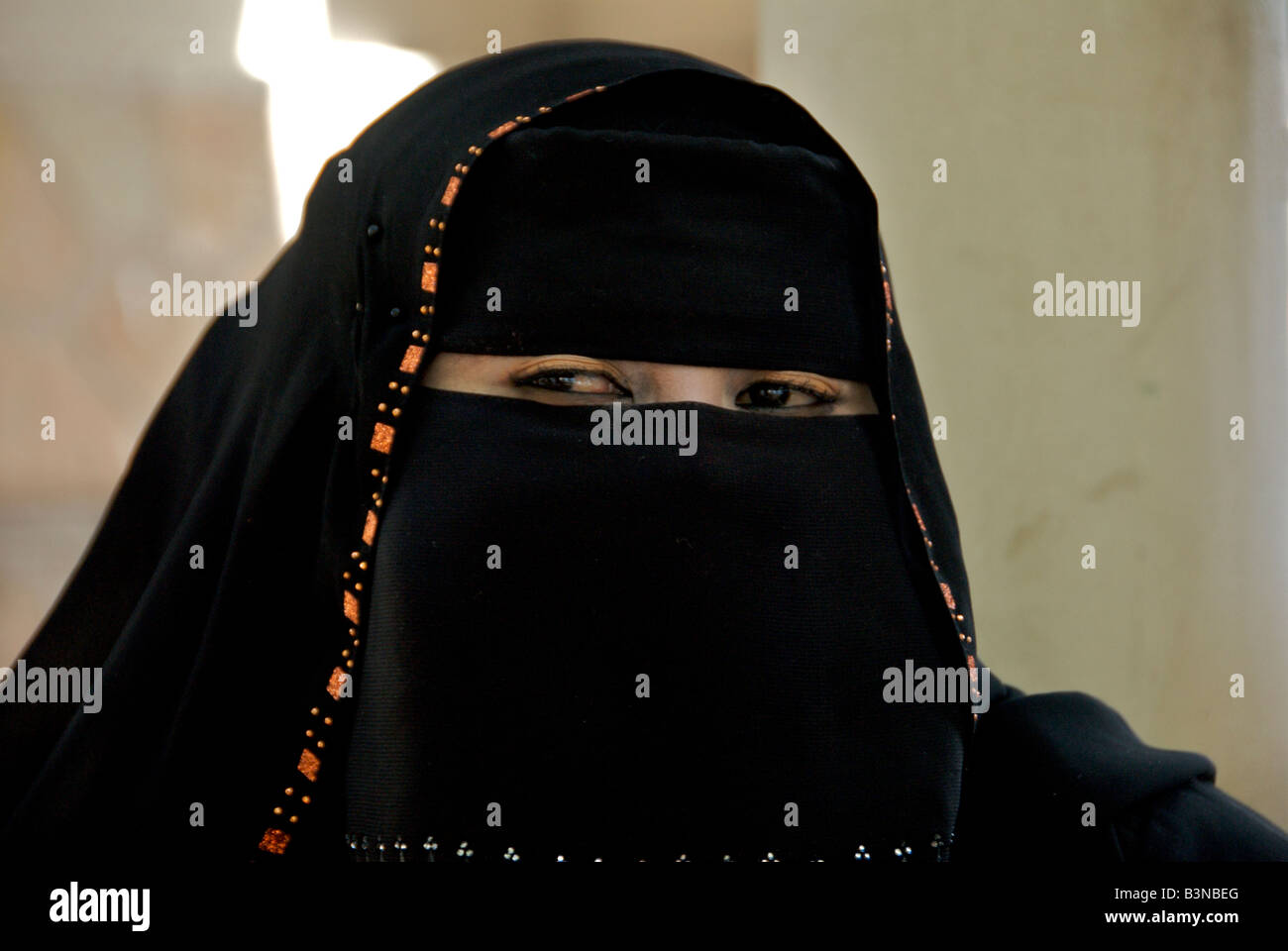 Close up Bedouin woman wearing black burka Nizwa Al Dakhiliyah Region ...