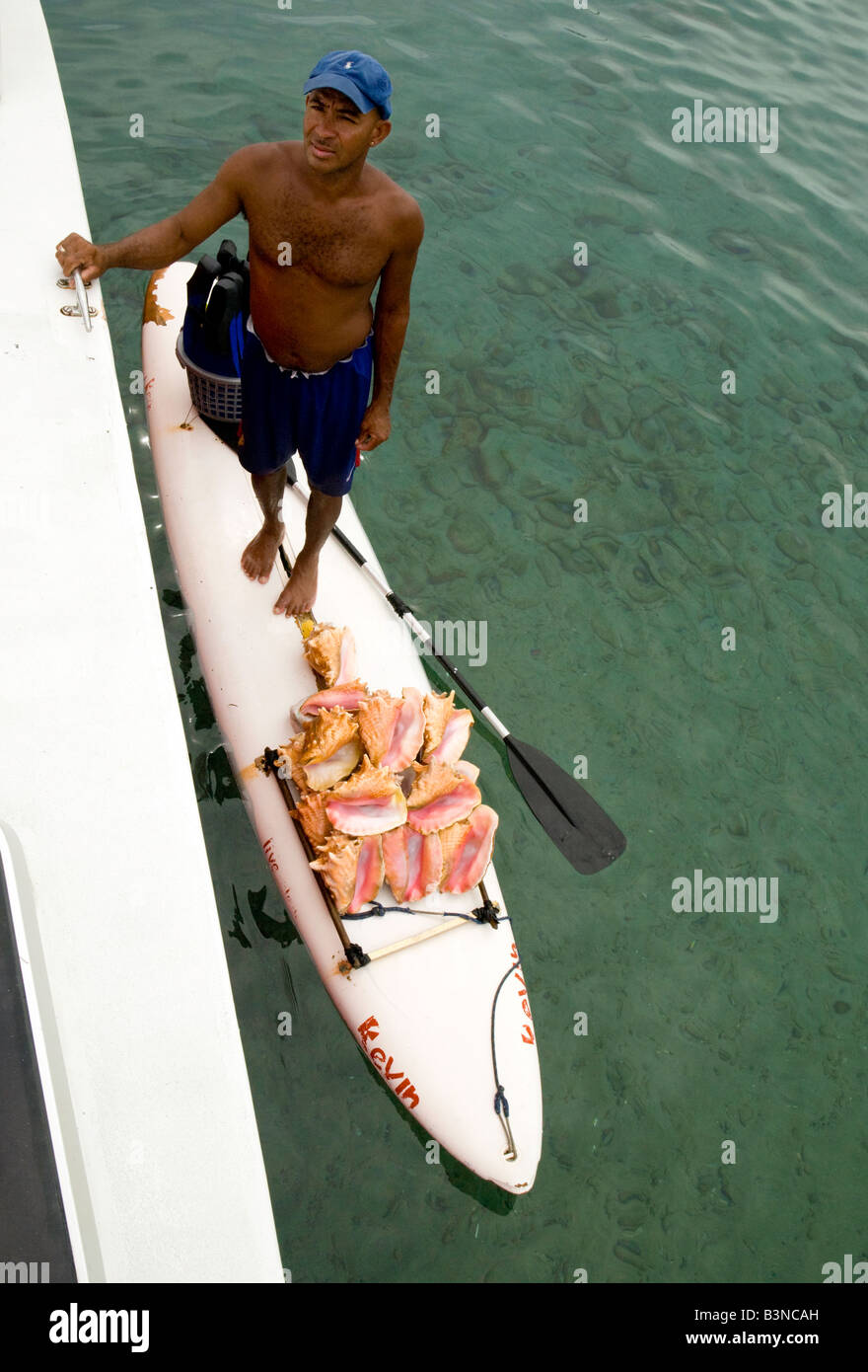 A local man on a surfboard selling sea shells, Anse de Cochon, St Lucia ...