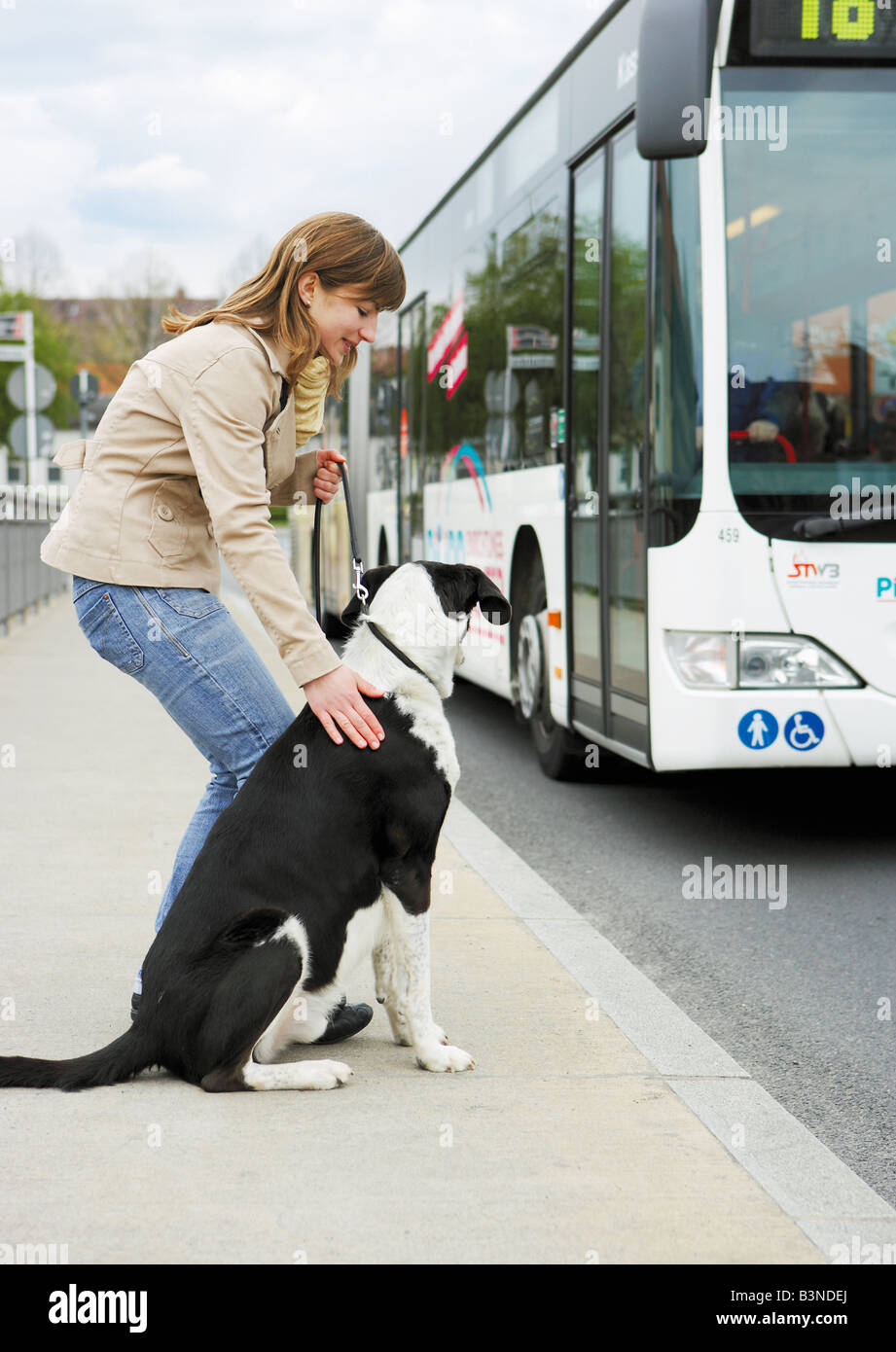 woman with half breed dog - standing at street Stock Photo - Alamy