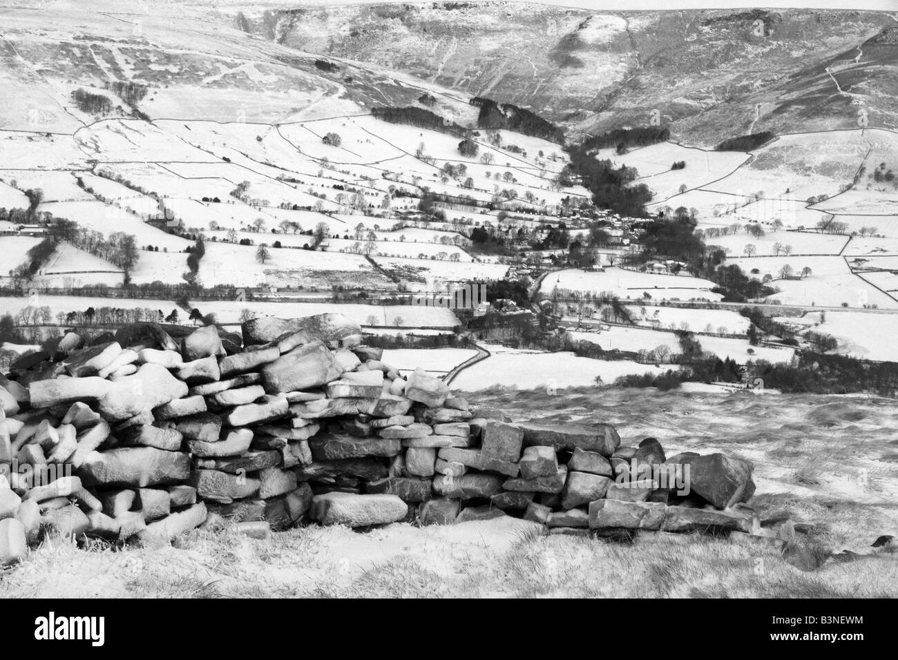 winter landscape with snow from the mam tor ridge looking over the ...