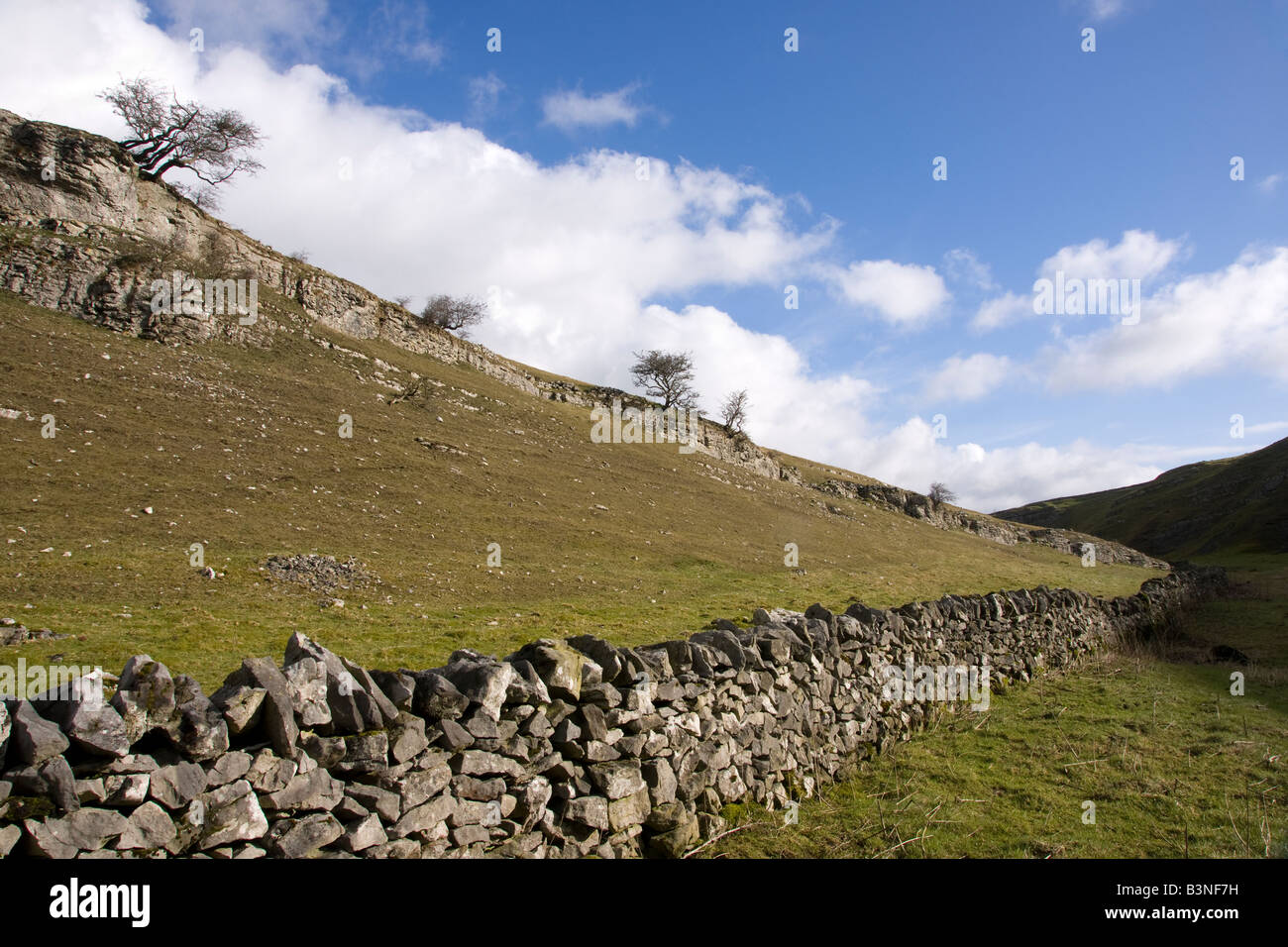 cressbrook dale landscape with traditional derbyshire stone wall blue ...