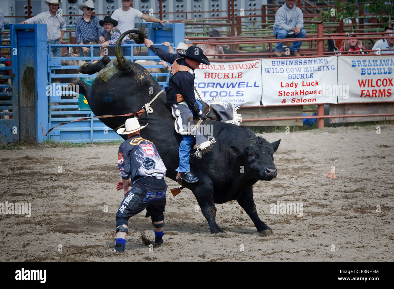 A rodeo clown attempts to lead a bucking bull into a spin at the Roy ...