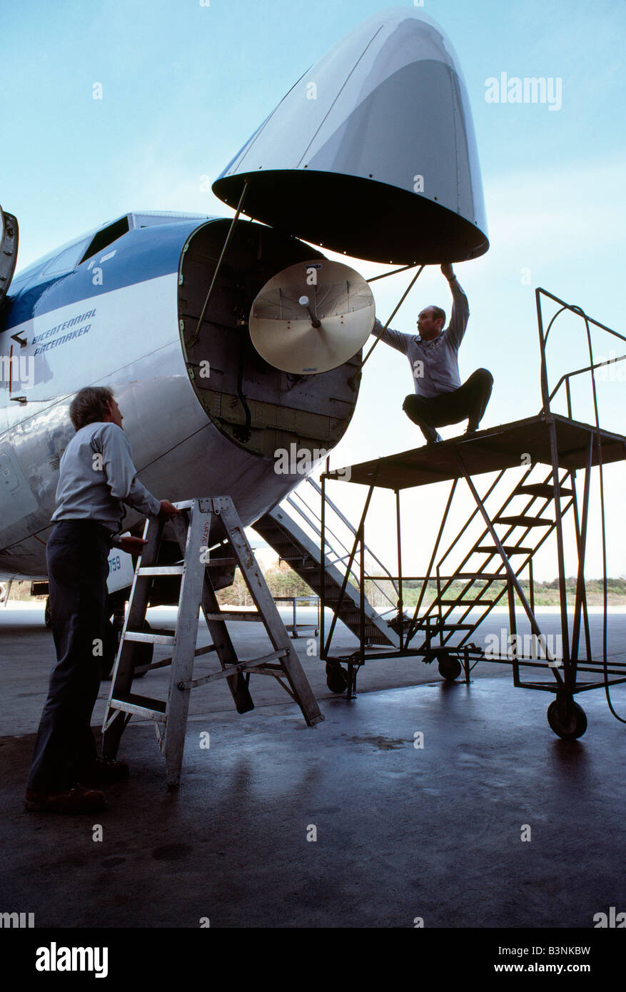Commercial jet aircraft maintenance, Winston-Salem, NC. Inspecting the ...