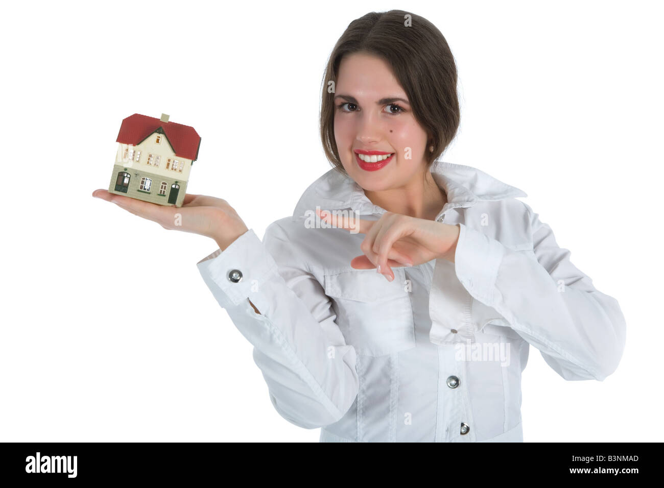 Business woman advertises real estate on white background Stock Photo ...