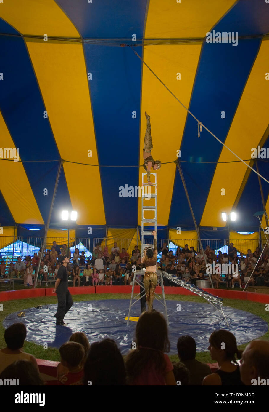 Woman balancing on a ladder Stock Photo - Alamy
