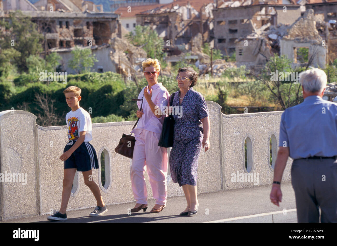 Mostar, june 1996', people walking along restored bridge, 1996 Stock ...