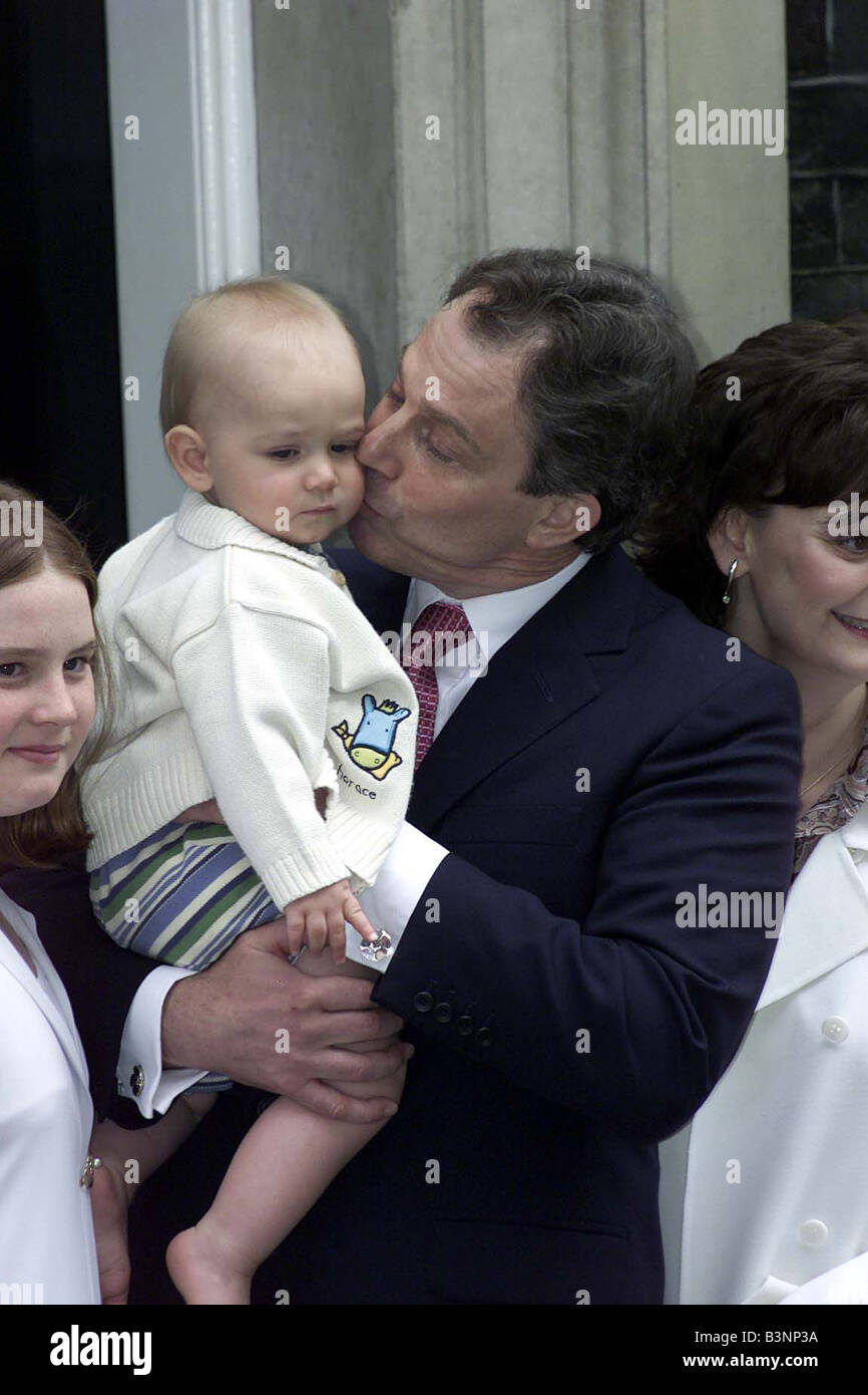 Prime Minister Tony Blair with infant Leo outside No10 Downing Street ...