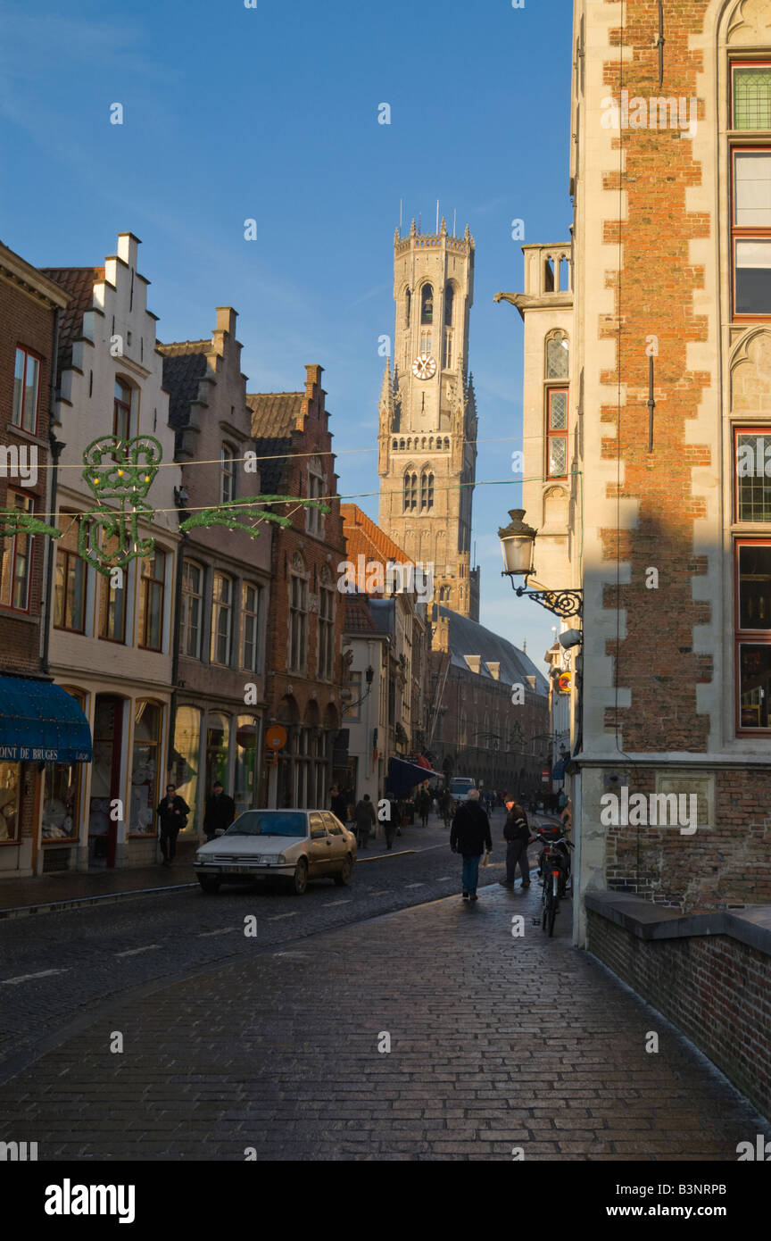 An old street with Belfort belfry in the background (Bruges Stock Photo ...