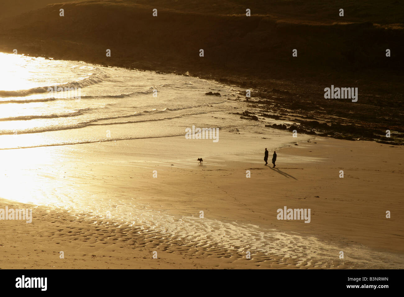 Couple walking a dog on Manorbier beach Wales at sunset Stock Photo - Alamy