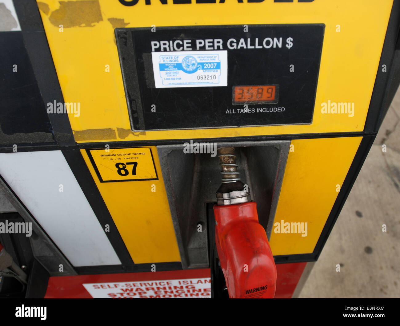 The price per gallon displayed on a self serve gas pump in the United ...