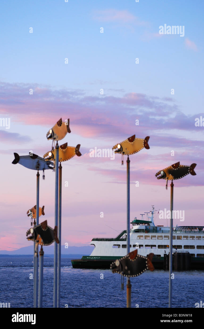 Salmon artwork and the M/V Walla Walla at the Edmonds, WA ferry ...