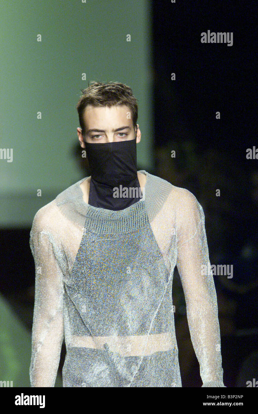 Clothing by Michiko Koshino 1998 modelled by male Model during London ...