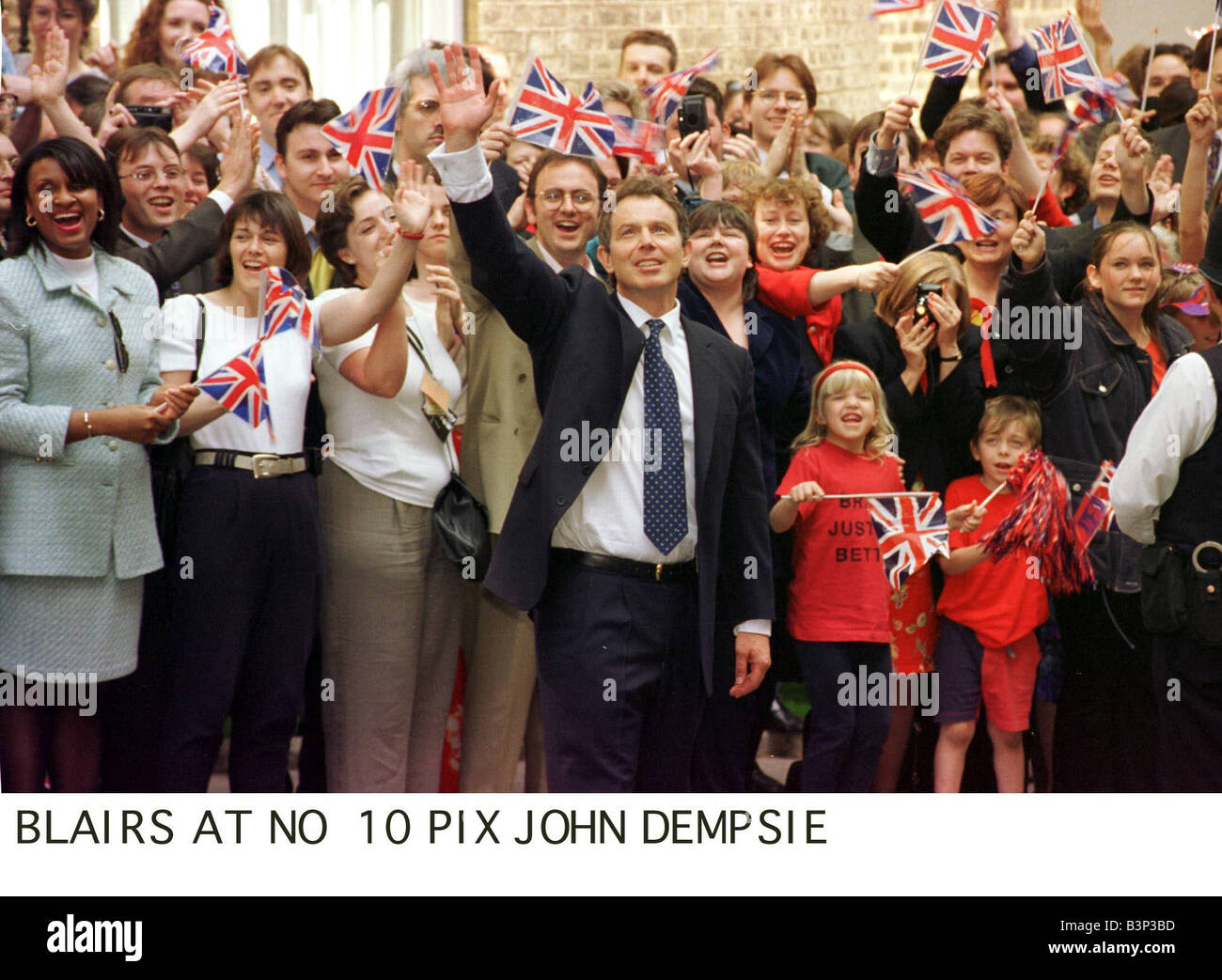 Tony Blair Labour Prime Minister waving to crowds outside number 10 ...