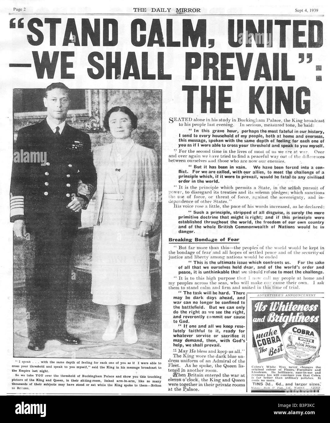 Daily Mirror Millennium Pages 1939 Declaration of WW2 Stand Calm United ...