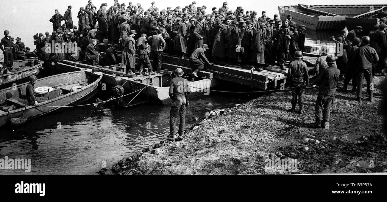 Rhine crossing of U S third army barge discharging german prisoners ...