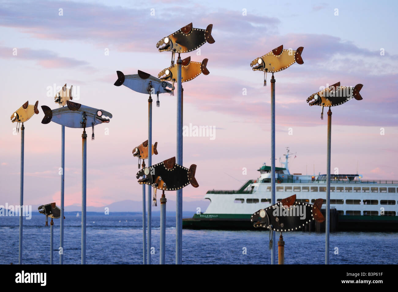 Salmon artwork and the M/V Walla Walla at the Edmonds, WA ferry ...