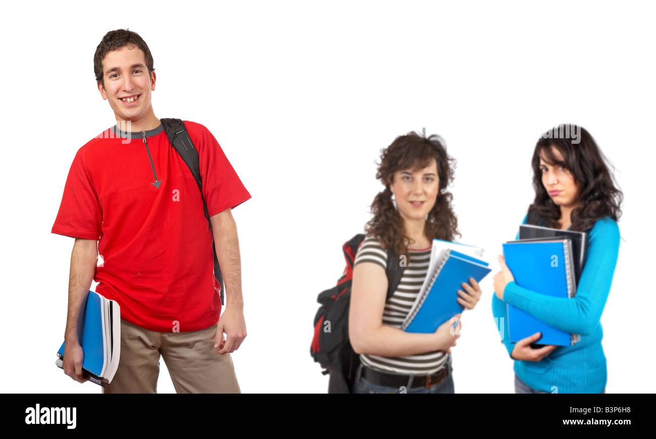 Three students with books and backpacks over a white background Focus ...