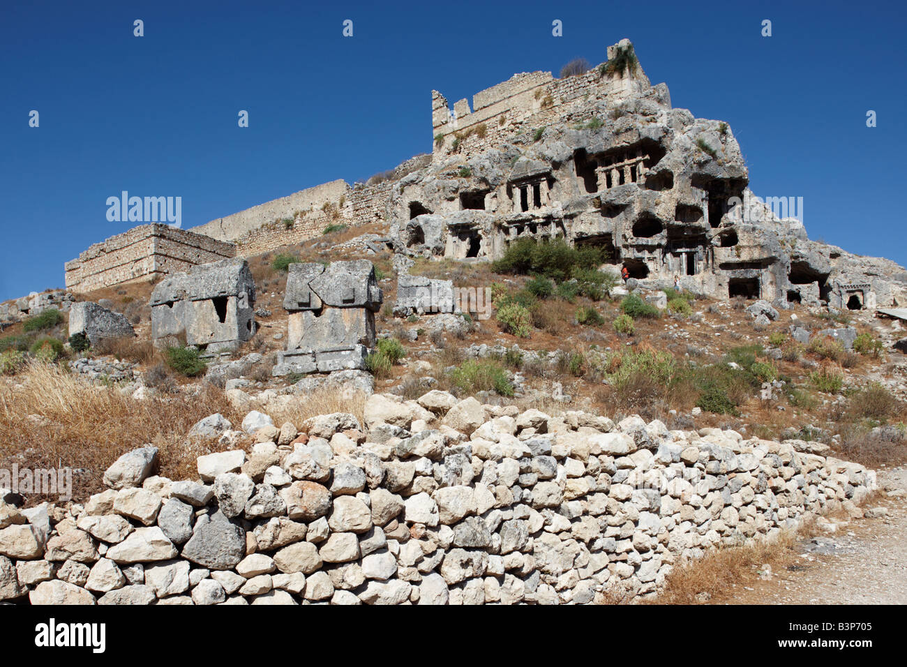 Acropolis Hill with rock cut tombs fortress in Tlos, an ancient Lycian ...