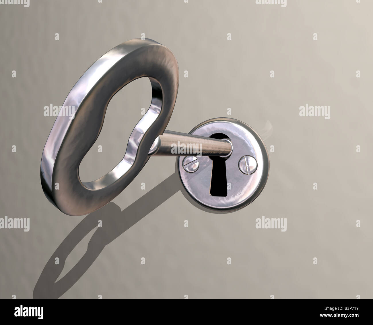 Illustration of shiny silver key being turned in lock Stock Photo - Alamy