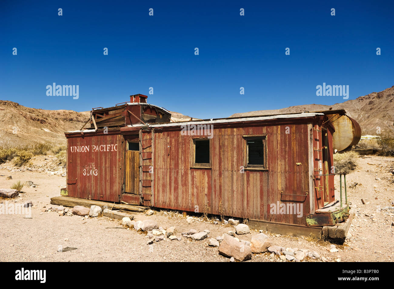 Derelict Union Pacific carriage in Rhyolite, Nevada, USA Stock Photo ...