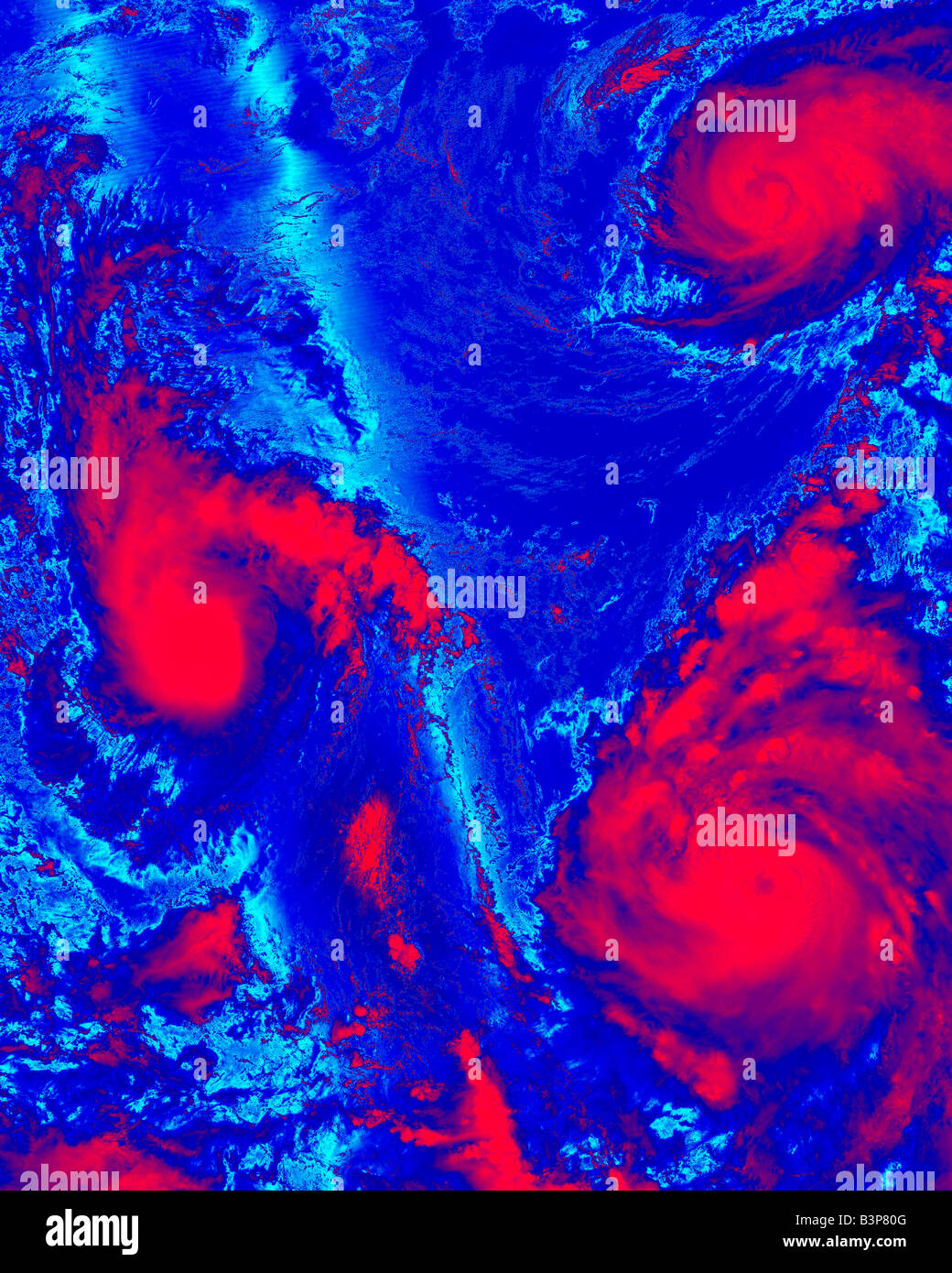 color coded satellite photograph of three tropical storms Stock Photo ...