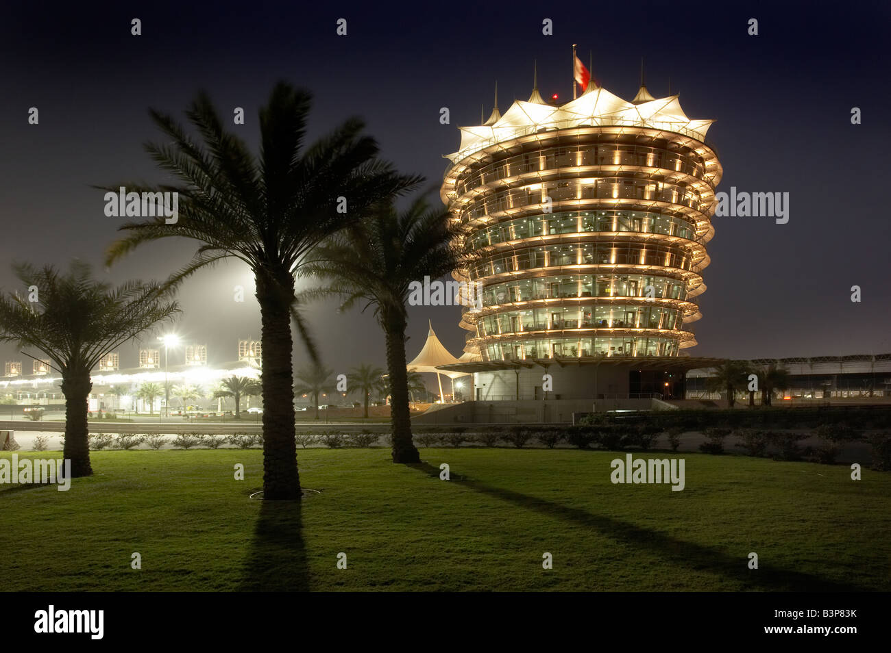 Night shot of the Sakhir Tower at the Bahrain International Circuit ...
