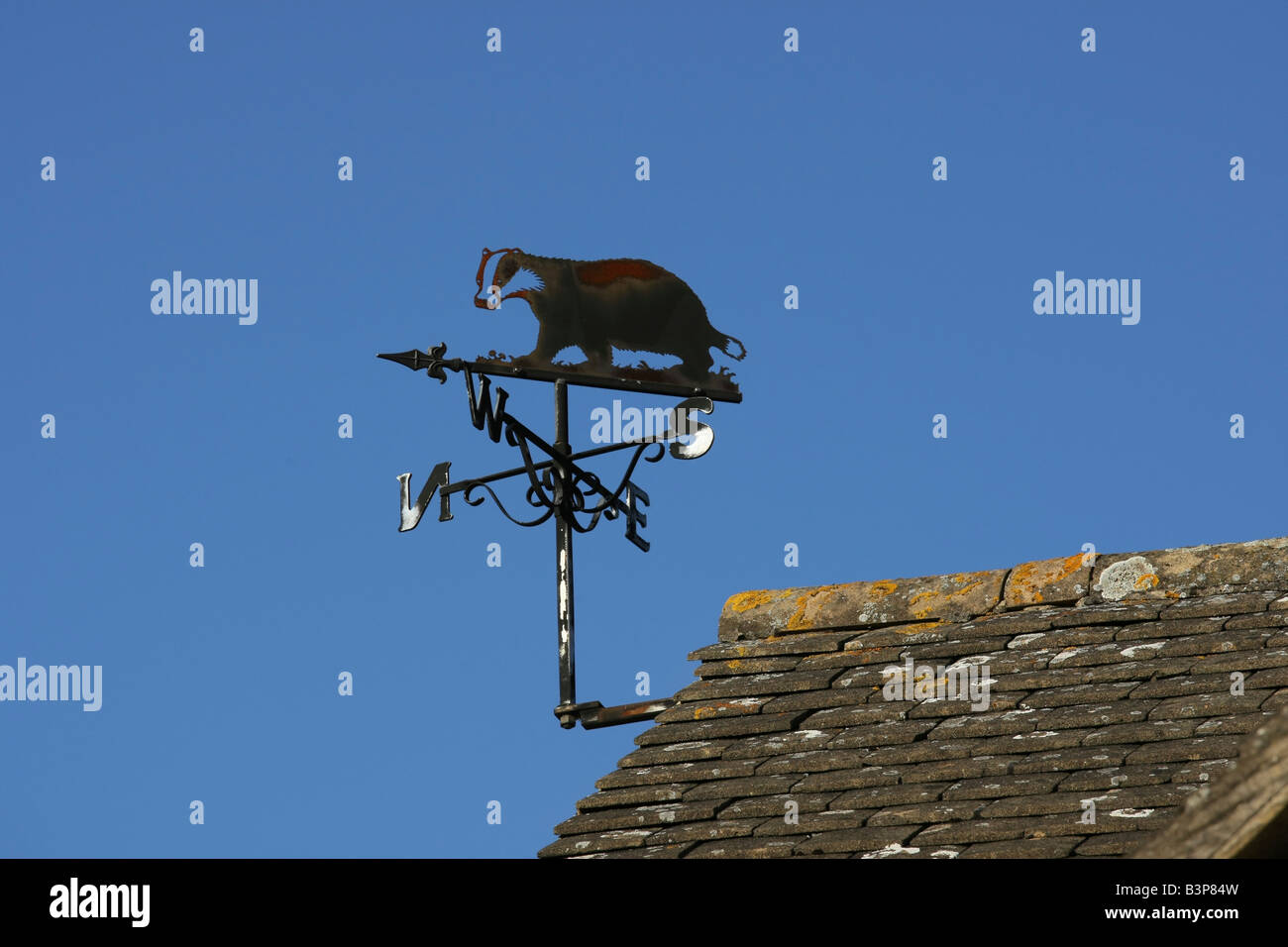 Wind or weather wrought iron vane with badger figure against blue sky ...