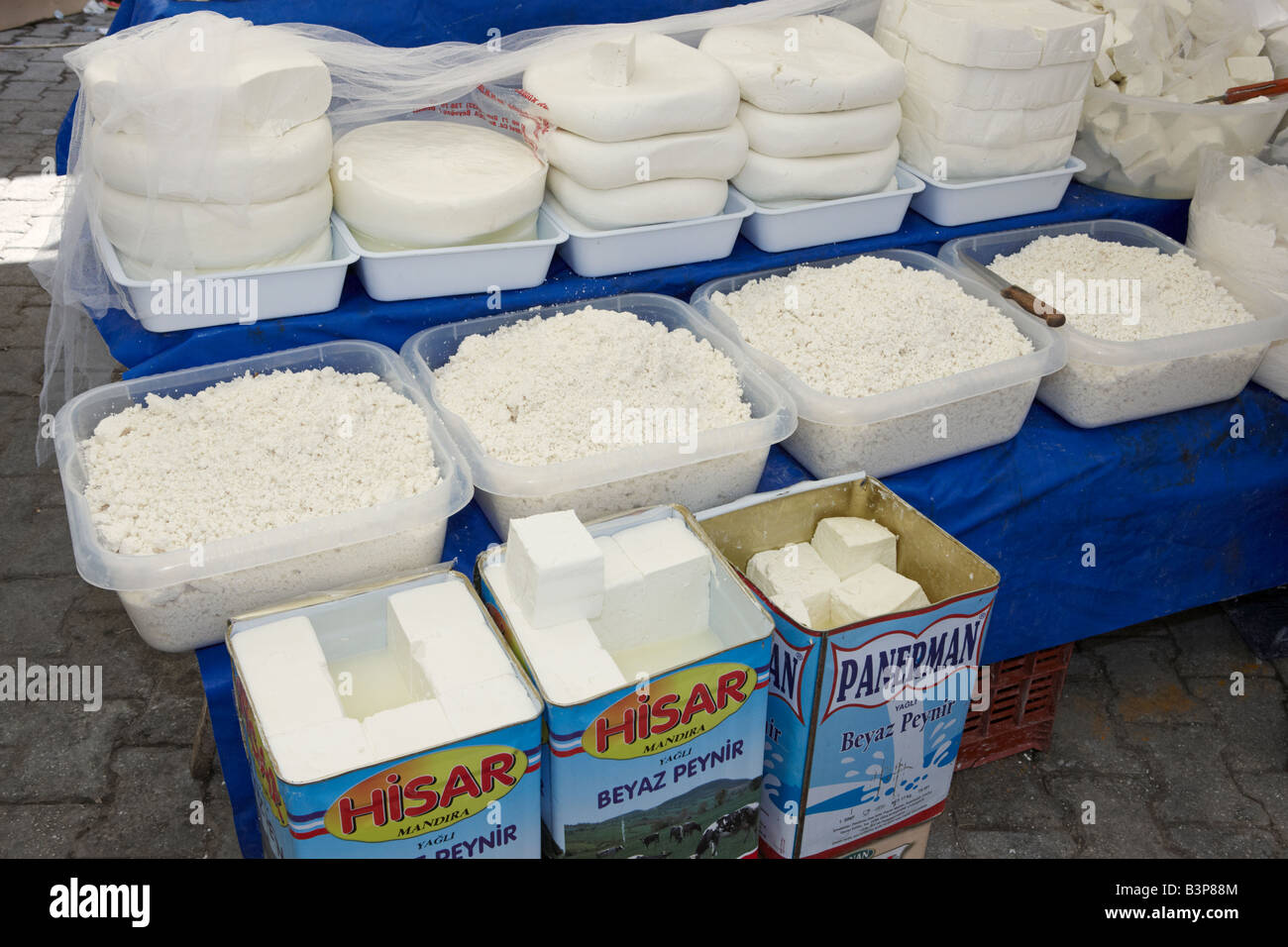 Assorted local cheese displayed on Tuesday Market in Fethiye. Province ...