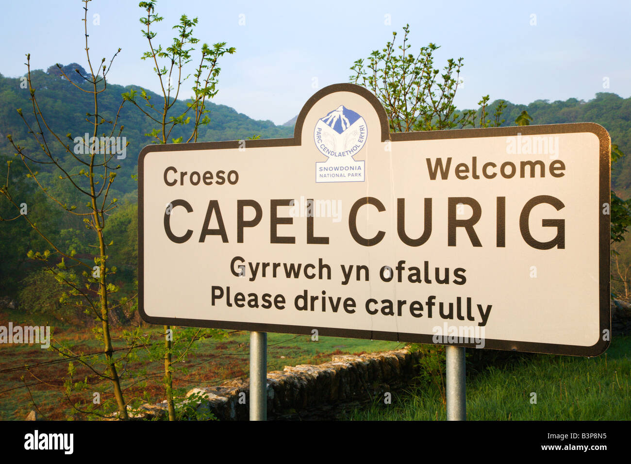 Welcome Sign Capel Curig Snowdonia Wales Stock Photo - Alamy