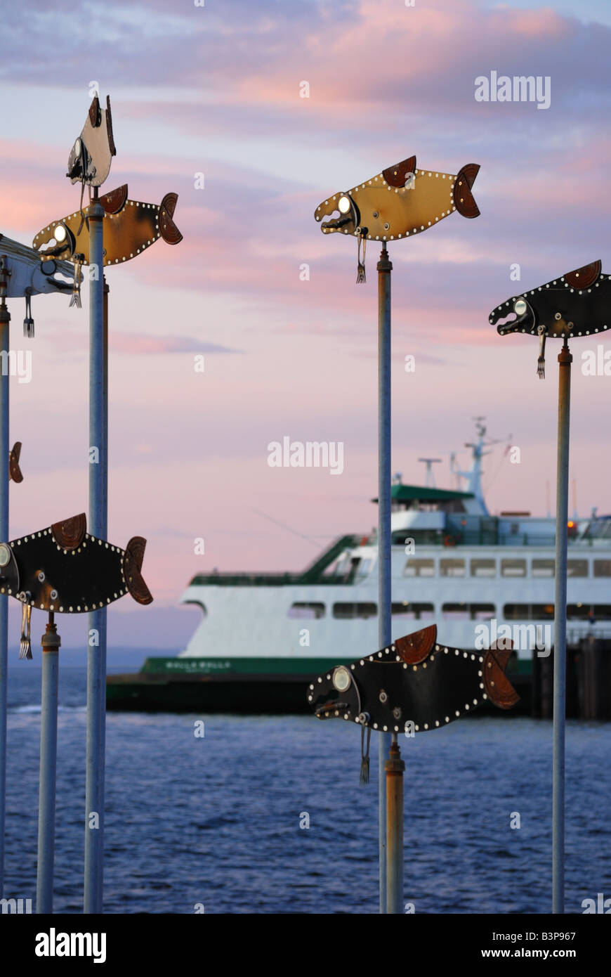 Salmon artwork and the Puget Sound ferry M/V Walla Walla in Edmonds, WA ...