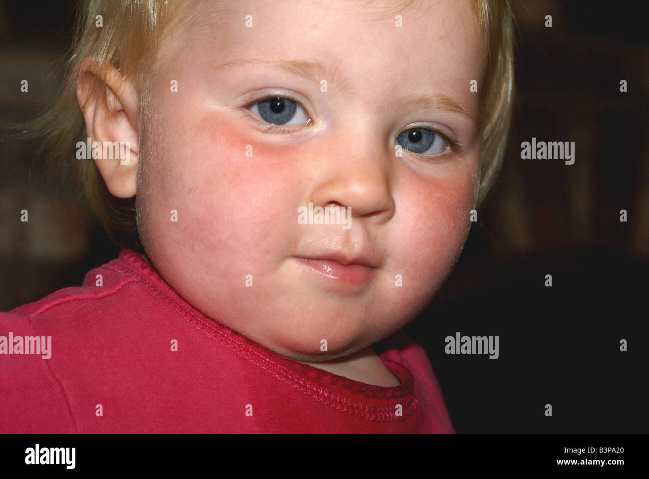 Closeup of small female child with blue eyes looking straight into ...