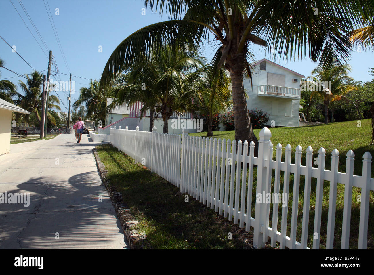 White fence and palm trees along main road of Man-O-War Cay, Abaco ...